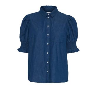 Ichi Dunkelblaue Gewaschene Bluse mit Puff&auml;rmeln - - Blouses & Shirts - Damen - Blau - L