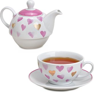 Matches 21 Teekanne Set in rosa pink gold und weiß mit Herz - Süße Porzellan Teetasse mit Deckel für 400ml | 200ml - Außergewöhnliche Kaffeetassen spülmaschinenf