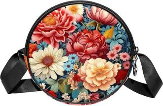 Generic Petit sac &agrave; bandouli&egrave;re circulaire pour femme, motif feuilles florales, sac &agrave; dos avec fermeture &eacute;clair, bretelles r&eacute;glables, sac &agrave; main rond d&eacute;contra
