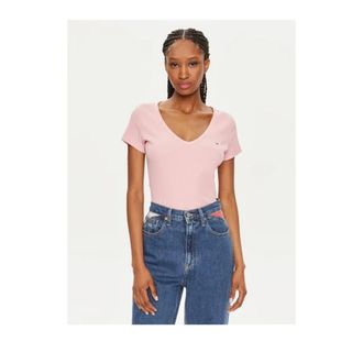 Tommy Jeans Femme, Tops, Rose, Taille: 38 FR T-shirt &agrave; col en V en coton stretch c&ocirc;tel&eacute;