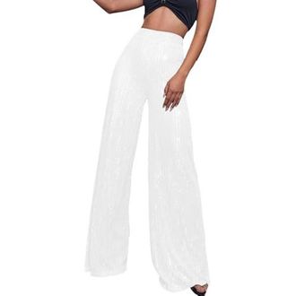 Generic Pantalon palazzo &agrave; paillettes taille haute et jambes larges pour femme, pour f&ecirc;te, discoth&egrave;que, f&ecirc;te, pantalon &eacute;vas&eacute;, blanc, 3XL