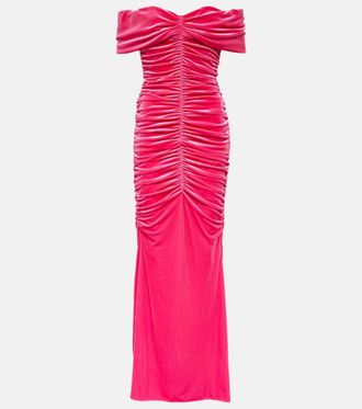 Monique Lhuillier Robe longue en velours à encolure bardot