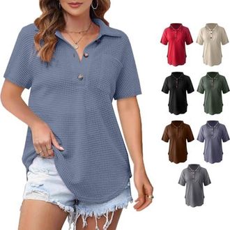 Generic Tunique Henley &agrave; manches courtes en tricot gaufr&eacute; pour femme, manches courtes, col en V, couleur unie, tunique d&eacute;contract&eacute;e 2025, bleu marine, XXL