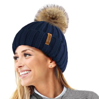 TOSKATOK Womens Winter-Rib Strickm&uuml;tze/Beanie mit abnehmbaren Chunky Faux Fur Bobble Pom Pom-Navy