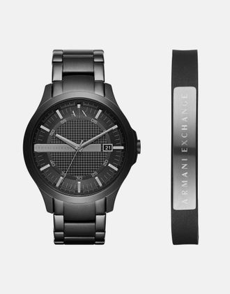 A|X Armani Exchange Coffret cadeau montre &agrave; trois aiguilles avec cadran date et bracelet - Noir