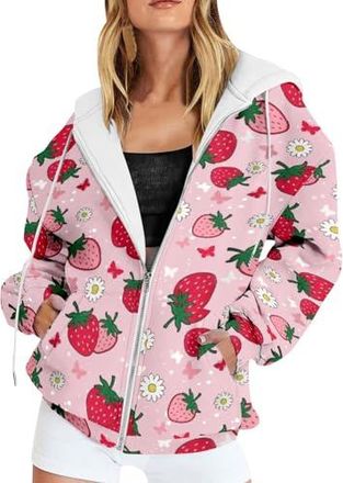 Generic Vestes &agrave; capuche pour femmes 2026 &agrave; fermeture &eacute;clair - Coupe ample - En polaire - Avec motif imprim&eacute; - Doux et confortable - Chaud - Pour tous les jou