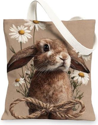 Generic Sac fourre-tout en toile motif lapin mignon, sac à provisions réutilisable, vintage, léger, lavable avec bandoulière, beige, 13x15 Inch