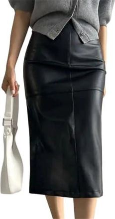 Generic Jupe crayon d&eacute;contract&eacute;e en cuir synth&eacute;tique pour femme - Taille haute - Coupe ajust&eacute;e - Jupe midi fendue, Noir, M