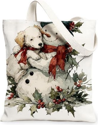 Generic Joli sac fourre-tout en toile, motif chien adorable et bonhomme de neige, sacs d&eacute;picerie r&eacute;utilisables, l&eacute;gers et lavables avec bandouli&egrave;re pour le sh