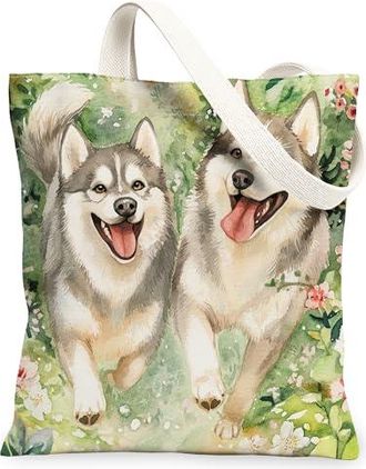 Generic Sac fourre-tout en toile motif chien malamutes de lAlaska pour le shopping, 33 x 38 cm, sac &agrave; bandouli&egrave;re r&eacute;utilisable pour femme, peinture danimaux d