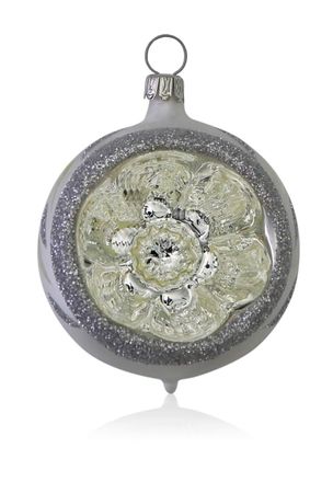 Lauschaer Glas Christbaumkugeln mit Einstich Eislack weiß mit Dekor 4 Stück d 6cm Christbaumschmuck Weihnachtsbaumschmuck mundgeblasen, handdekoriert Lauschaer Glas 