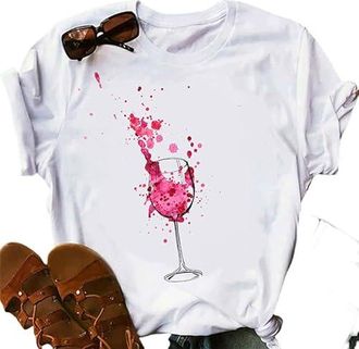 Keephen Verre &agrave; Vin T-Shirt pour Femmes Nouveaut&eacute; Verre &agrave; Vin Impression 3D T-Shirts &Eacute;t&eacute; Col Rond Manches Courtes Chemises &Eacute;t&eacute; Tee Casual Tops