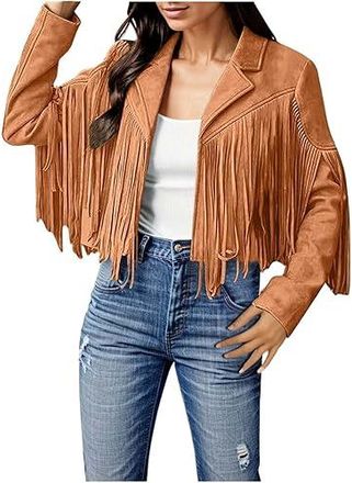 Generic HUIFUAO Veste occidentale courte pour femmes, tenue de cowgirl vintage &agrave; manches longues et &agrave; franges, veste de moto en daim, v&ecirc;tements dext&eacute;rieur de 