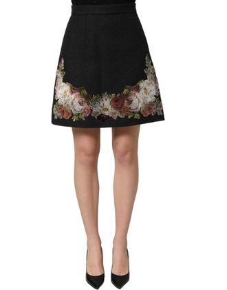 Dolce & Gabbana Womens Black Floral Macram&eacute; High Waist A-Line Skirt Viscose Cashmere Virgin Wool
