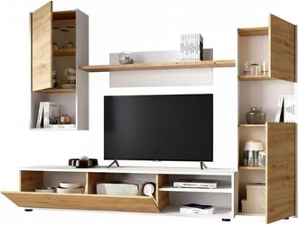 Dmora Wohnzimmerm&ouml;bel Foraker, TV-St&auml;nder-Wohnzimmerset, Mehrzweck-Wohnzimmerm&ouml;bel, 220 x 41 x 180 cm, geknotete Eiche und Wei&szlig;