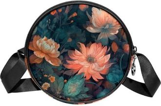 Generic Petit sac &agrave; bandouli&egrave;re circulaire pour femme, motif feuilles florales, sac &agrave; dos avec fermeture &eacute;clair, bretelles r&eacute;glables, sac &agrave; main rond d&eacute;contra
