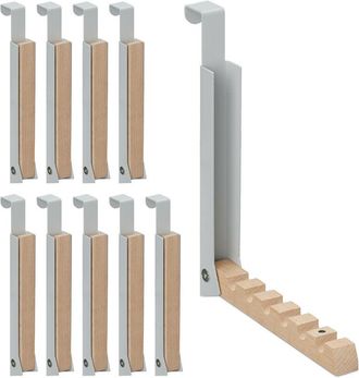 Relaxdays 10 x Klapphaken, zum Einhängen, Türgarderobe für je 6 Kleiderbügel, Metall und Holz, Haken für 2 cm Türfalz, grau