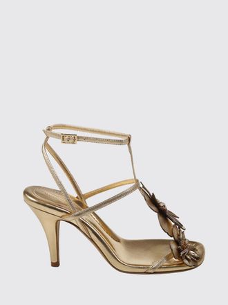 Zimmermann Belara Sandalen mit Blumenapplikation aus goldfarbenem laminiertem Leder