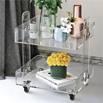 Generic Moderner Beistelltisch aus Acryl auf Rollen - 2-st&ouml;ckiger Beistelltisch mit Rollen, transparenter Acryl-Nachttisch, Kleiner Aufbewahrungswagen f&uuml;r Woh