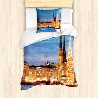 Abakuhaus Hamburg Bettbezug Set für Einzelbetten, Hamburg Deutschland Altstadt, Milbensicher Allergiker geeignet mit Kissenbezug,Blau Orange Braun