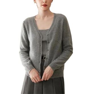 Generic Pull en cachemire doux &agrave; col en V pour femme - Cardigan en tricot - 100 % cachemire, Gris nuage, Taille XS