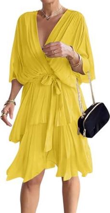 Onsoyours Femmes Robe en Mousseline De Soie Robes Formelles Robe De Cocktail Élégante avec Superposition C Jaune XL
