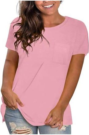 Generic Chemise unie à manches courtes pour femme - Tendance et décontractée - Couleur unie - Col rond - Manches courtes - Poche - Vêtements pour la vie quoti