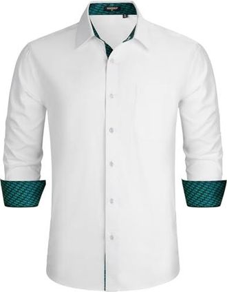 Hisdern Chemises Homme Manches Longues Chemise Décontractée Homme Boutonnées Chemises Formelles Business Chemise Regular Fit Casual Shirt Blanc/Vert 3XL