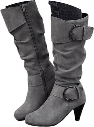 Onsoyours Botte Hautes Femme Botte Cuissarde Daim avec Bloc Talon Slip-on Causal Automne Hiver Longue Boots Confortable Botte Equitation A Gris 41 EU