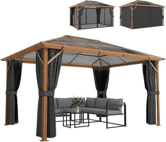 OUTSUNNY Tonnelle de jardin - pavillon ext&eacute;rieur - Outsunny - aspect bois toit rigide polycarbonate UV50+ - alu - 398x298x262cm - naturel