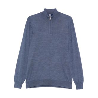 Fedeli Homme, Pulls, Bleu, Taille: 2XL Tricot en laine demi-zip