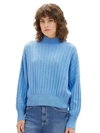 Tom Tailor Damen Strickpullover mit Ripp, Clear Light Blue Melange, XXL