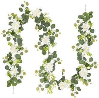 Generic Guirlande deucalyptus avec fleurs pour table, guirlande de feuilles de 1,8 m - Guirlande deucalyptus artificiel de 1,8 m - Guirlande de fleurs de verd