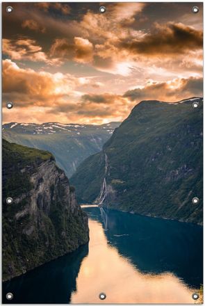 Wallario Outdoor-Poster f&uuml;r Garten oder Balkon Fjord bei Sonnenuntergang, Motivbanner Gr&ouml;&szlig;e: ca. 80 x 120 cm, Outdoor-Bild