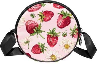 Generic Sac &agrave; bandouli&egrave;re rond pour femme, marguerites et fraises - Petit sac &agrave; bandouli&egrave;re avec fermeture &eacute;clair et bretelles r&eacute;glables - Style d&eacute;contract&eacute; -