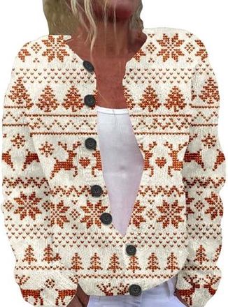 Generic Cardigan rétro en tricot imprimé de Noël pour femme, coupe ample, confortable, boutonné, manches longues, pour femme, hauts festifs, beige, XL