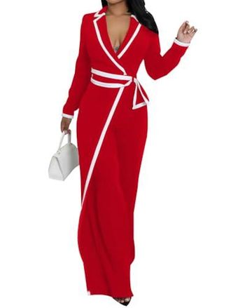 Minetom Combinaison Femme &Eacute;l&eacute;gant Jumpsuit Une Pi&egrave;ce Tenue Manches Longues Overall avec Ceinture A Rouge XXL