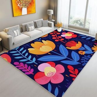 Generic Bleu Lavable en Machine Tapis Salon Moderne Peint &agrave; la Main Floral, 160 x 230 cm Doux Tapis de Sol Pelucheux Dessous Antid&eacute;rapant, Entree Interieur Ch