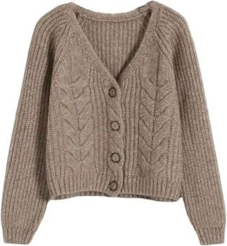 Generic Pull de printemps torsad&eacute; taille haute col en V bouton tendance couleur unie cardigan en tricot ample pour femme, Camel, XXL