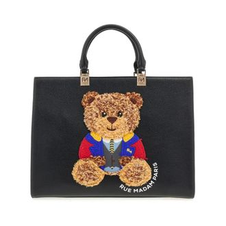 Rue Madam Schwarze Eco-Leder-Tote-Tasche mit ikonischem B&auml;ren - - Bags - Damen - Schwarzk - ONE SIZE