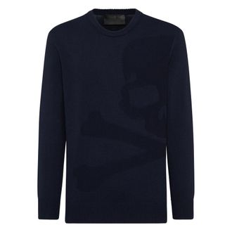 Philipp Plein Homme, Pulls, Bleu, Taille: 4XL Pullover Round Neck Skull&Bones