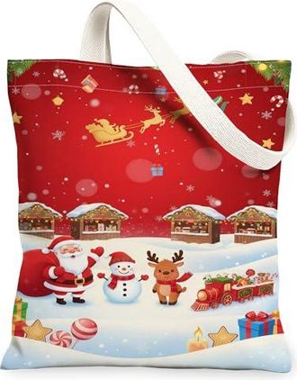 Generic Sac fourre-tout en toile avec motif P&egrave;re No&euml;l, bonhomme de neige, motif vacances amusantes, sacs r&eacute;utilisables, l&eacute;gers et lavables avec bandouli&egrave;re, R