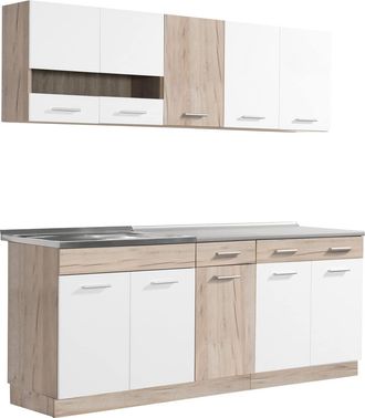 Homestyle4u 2356, K&uuml;che K&uuml;chenzeile K&uuml;chenblock Eiche Holz Wei&szlig; Einbauk&uuml;che Single K&uuml;chen Schr&auml;nke 200 cm