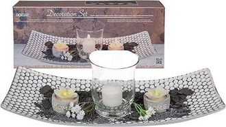 Out of the Blue Holzschale wei&szlig;-grau - Ma&szlig;e 38 &times; 16 cm - Deko-Set mit Windlicht, Teelichtern, Dekosand & Steinen - Stilvolle Tischdeko & Geschenkidee