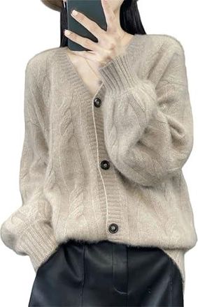 Generic Cardigan en tricot 100 % laine m&eacute;rinos avec col en V et boutons pour femme, Camel, S