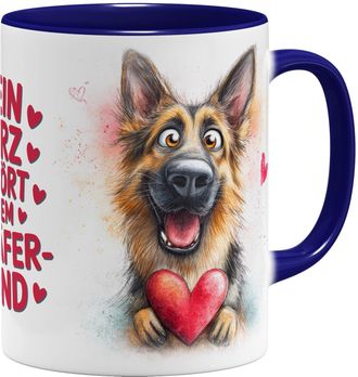 OM3 s&uuml;&szlig;e Hundeliebhaber Kaffee-Tasse mit Spruch - Mein Herz geh&ouml;rt einem Sch&auml;ferhund - Statement - Keramik Becher - 325ml - Rundumdruck - Dunkelblau