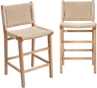 Sweeek Lot de 2 tabourets de bar en bois dh&eacute;v&eacute;a et assise en cordes Naturel / Beige