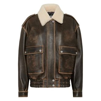 Philipp Plein Femme, Vestes, Brun, Taille: 40 FR Blouson Aviateur en Cuir avec Col en Shearling Signature