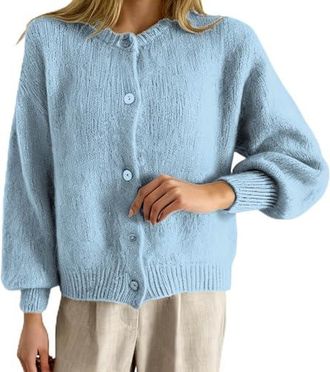 Generico Pull à manches longues et col rond - Pull chaud dautomne - Cardigan court uni - Veste courte décontractée avec boutons - Cardigan en tricot pour femme