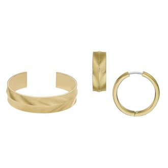 Fossil Damen Manschettenarmband und Ohrringe Harlow Linear Texture, goldfarbener Edelstahl